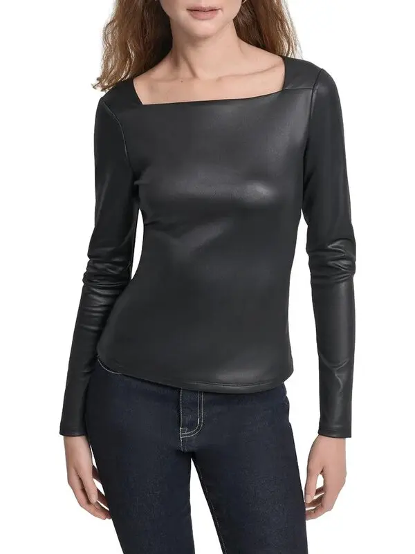 Dkny Faux Leather Knit Top - Black