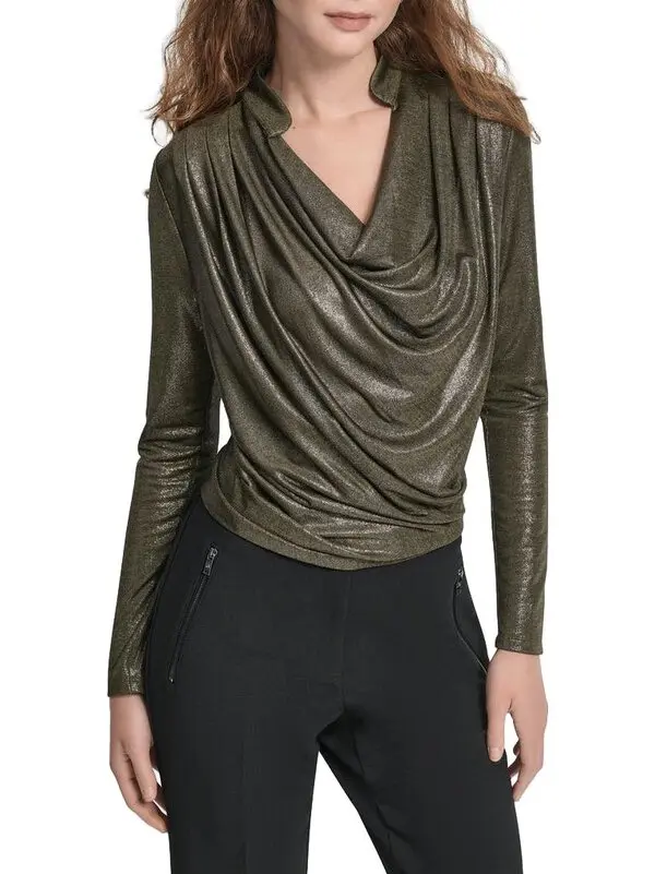 Dkny Foil Drape Top - Dark Olive