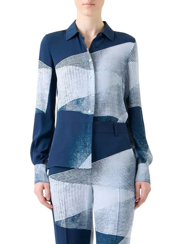 Akris Printed Silk Crepe Tunic Top - Denim-ecru