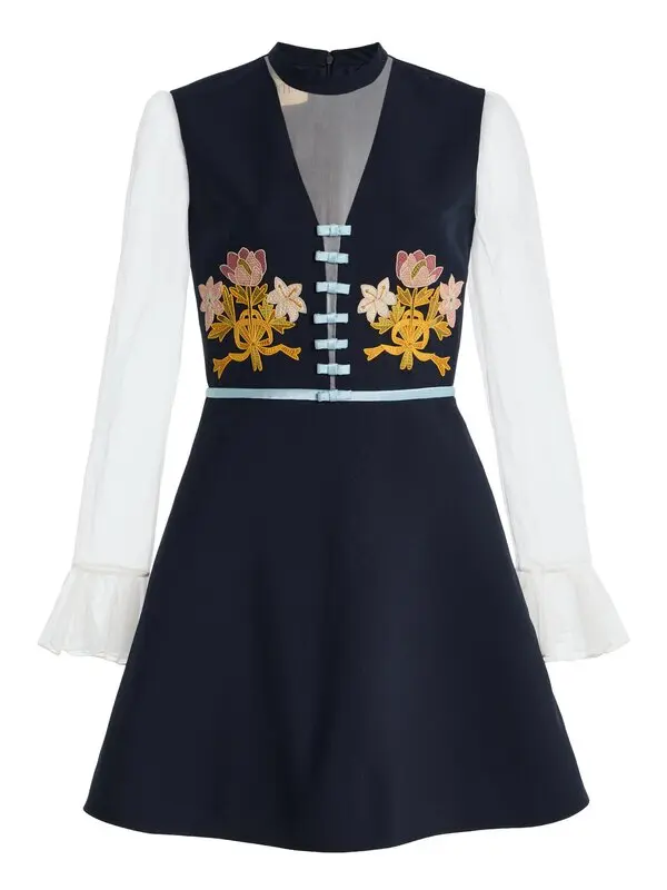 Valentino Garavani Embroidered Virgin-wool Blend Mini Dress - Navy