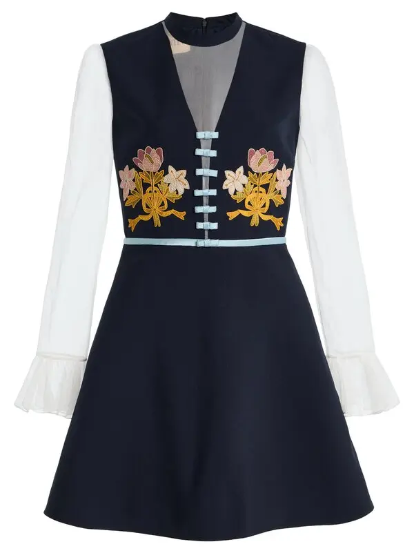Valentino Garavani Embroidered Virgin-wool Blend Mini Dress - Navy