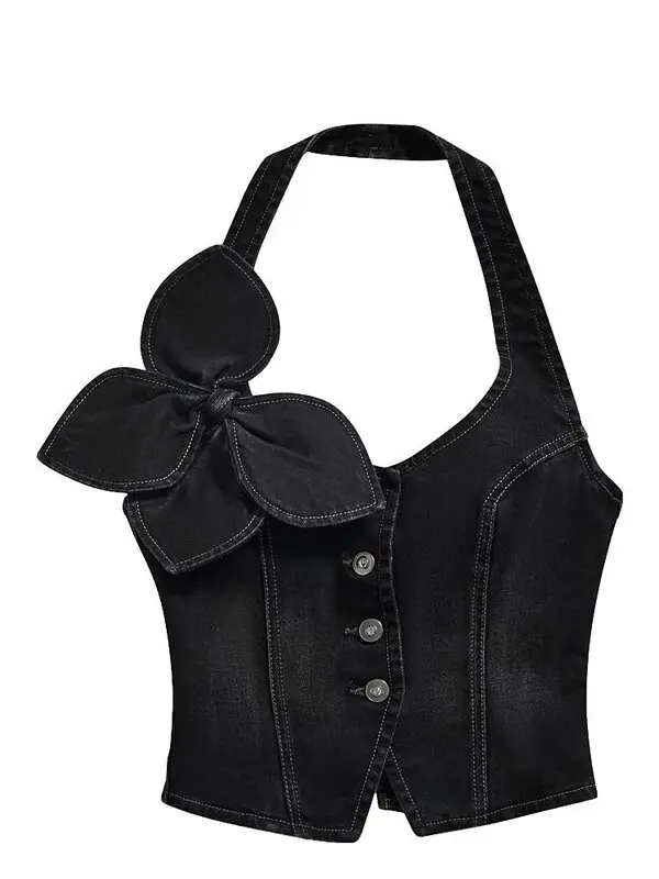 AREA Denim Bow Halter Top - Washed Black