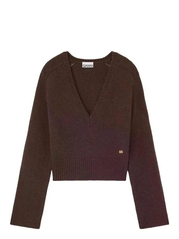 GANNI Wool Yak Mix V-neck Knit - Brown