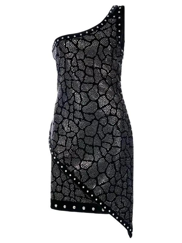 Balmain Studded One-shoulder Mini Dress - Black