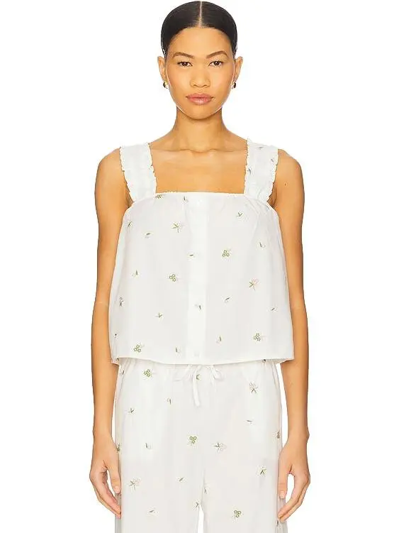 WeWoreWhat Ruffle Button Front Tank - Embroidery Floral Ivory