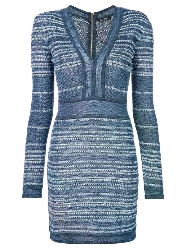 Balmain Fitted Long Sleeve V-neck Dress - Blue