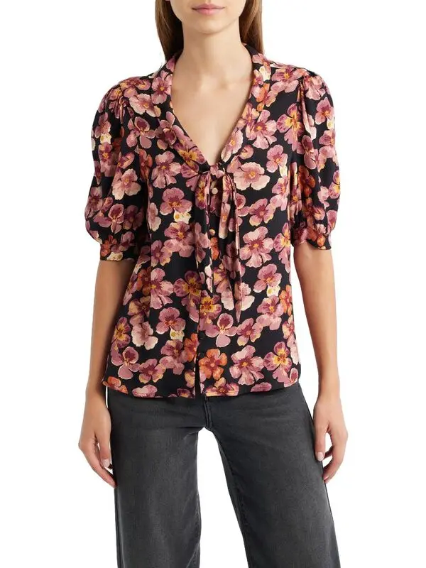 REFORMATION Joelle Floral Tie Neck Button-up Top - Pansy