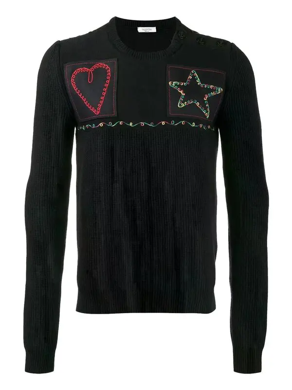 Valentino Garavani Patched Fisherman Knit Sweater - Blue