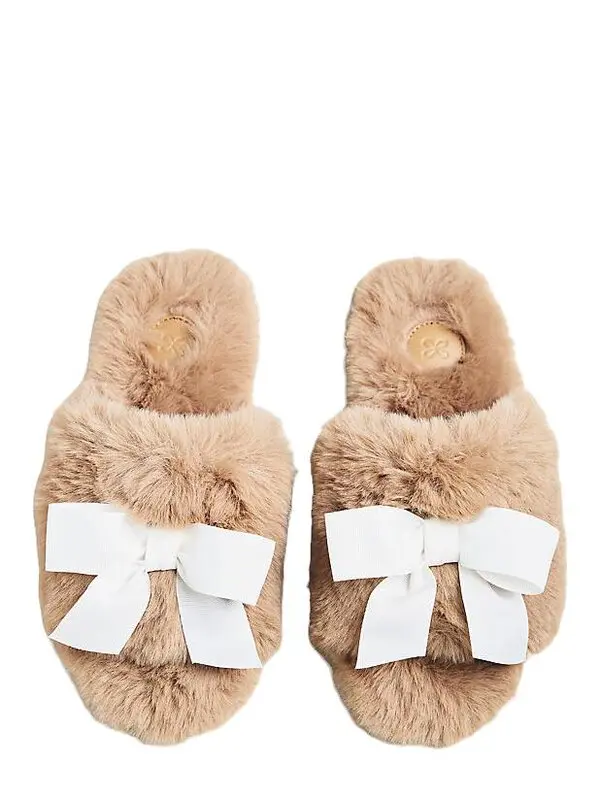Maeve Faux Fur Bow Slippers - Taupe
