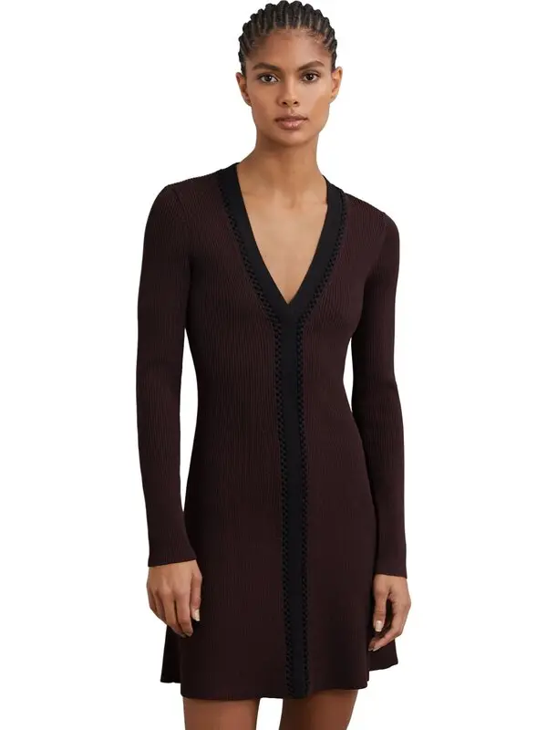 REISS Alma Craft-stitch Rib-knit Mini Dress - Burgundy/black