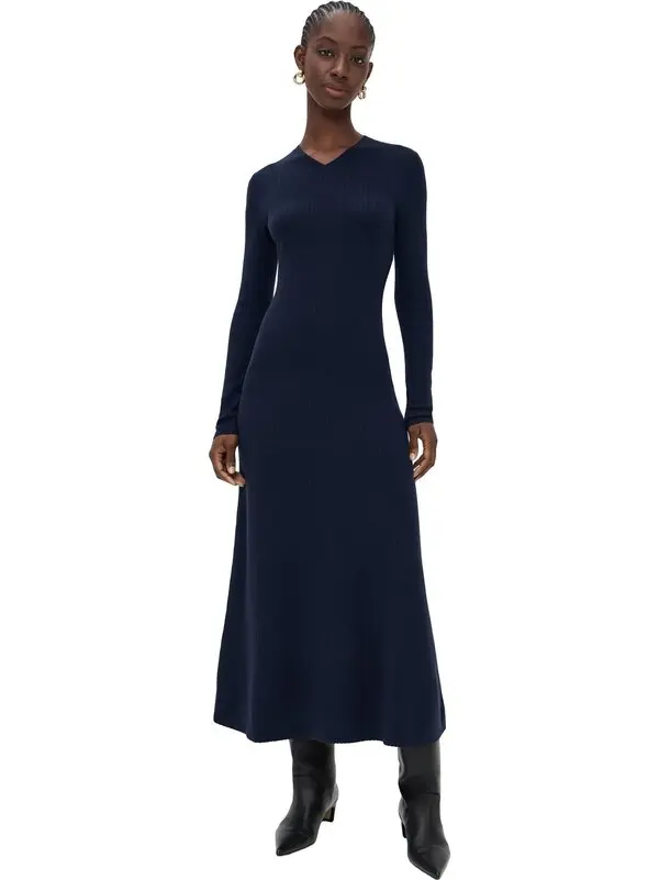 Theory Maxi V-neck Wool Dress - Deep Navy