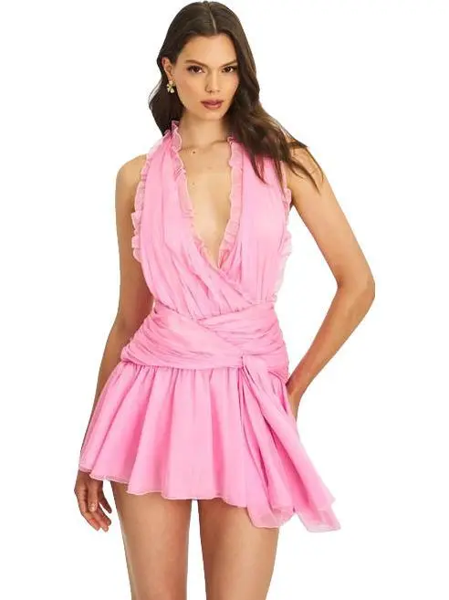 MISS CIRCLE Crinkle Chiffon Wrap Mini Dress - Tulip Pink