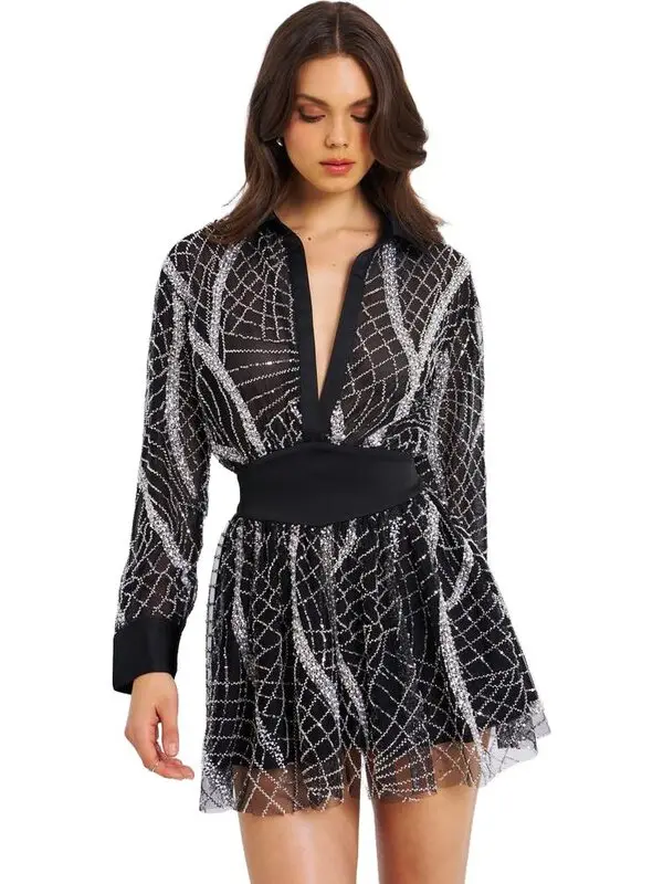 MISS CIRCLE Embroidered Mesh Mini Shirt Dress - Black And White