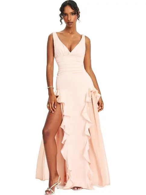 MISS CIRCLE Ruched Waist Double High Slit Maxi Gown - Baby Pink