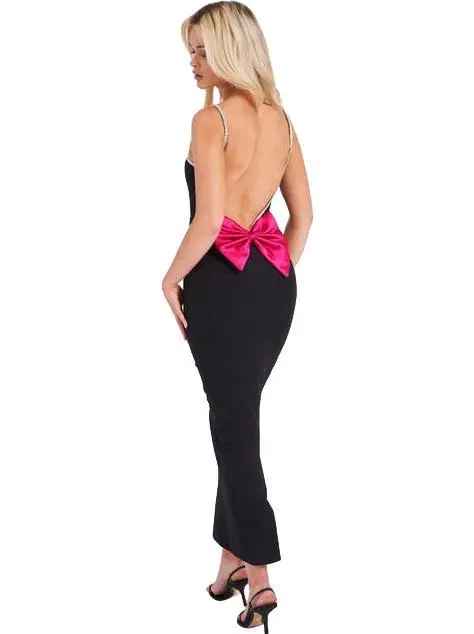 MISS CIRCLE Flore Crystal Straps Backless Gown With Bow - Black With Hot Pink Satin Bow