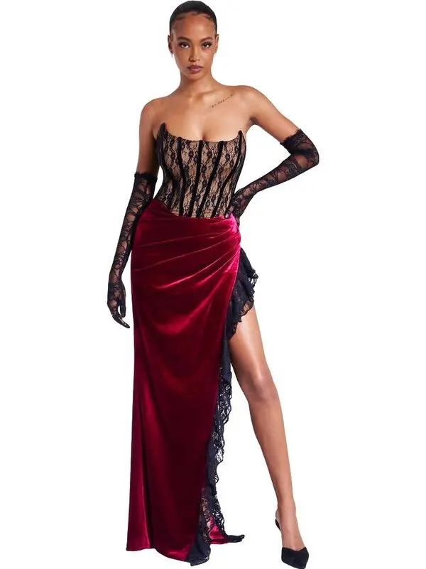 MISS CIRCLE Lace Velvet Corset Slit Gown - Burgundy