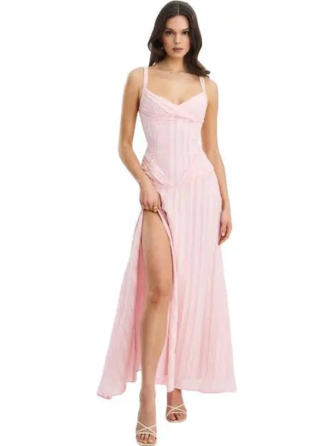 MISS CIRCLE Mallory Stripe Jacquard Gown With High Slit - Baby Pink Stripe
