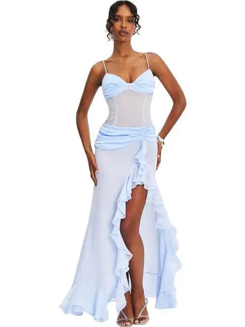 MISS CIRCLE Lacy Ruched High Slit Chiffon Gown - Blue
