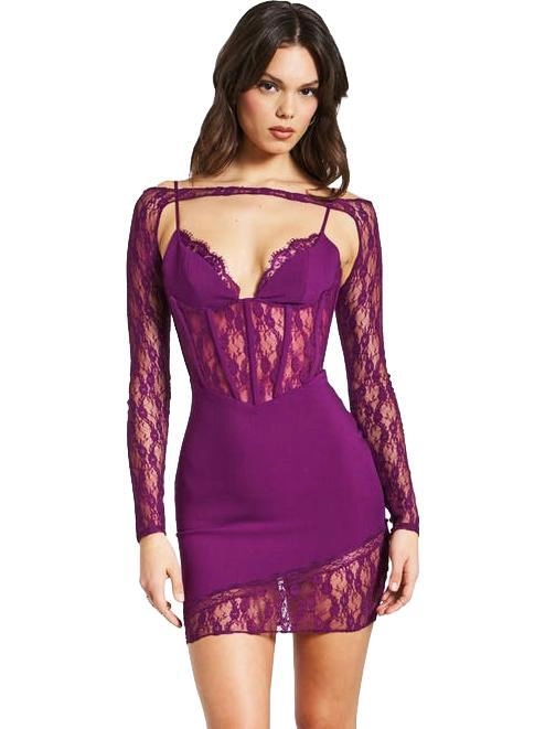 MISS CIRCLE NEW YORK Lace And Crepe Mini Dress With Detachable Bolero - Purple