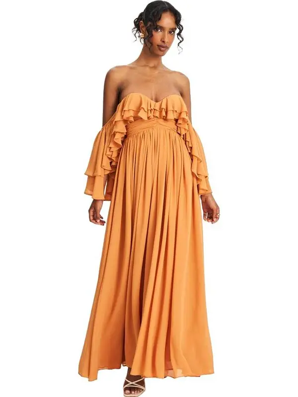 MISS CIRCLE Kaela Off-shoulder Chiffon Maxi Dress - Brickwork