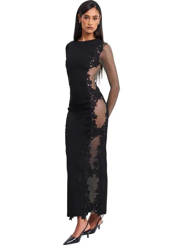 MISS CIRCLE Lace Trim Crystal Net Long Sleeve Gown - Black