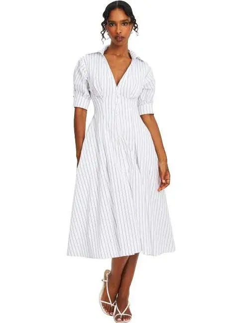MISS CIRCLE Cotton Poplin Pinstripe Pleated Shirt Dress - White