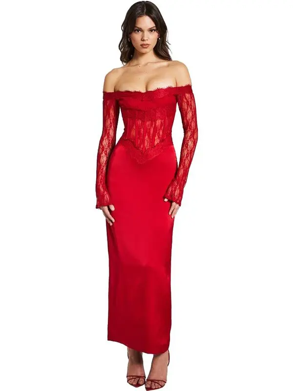 MISS CIRCLE Lace Satin Corset Maxi Dress - Dark Red