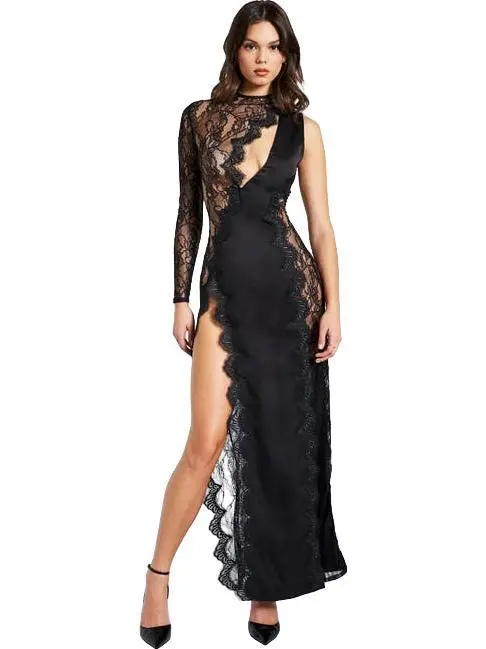 MISS CIRCLE Satin And Lace High Slit Maxi Dress - Black