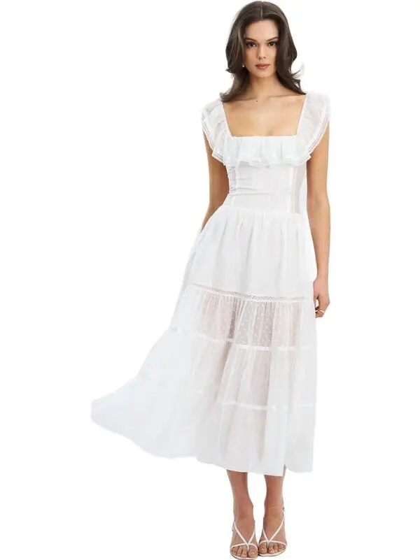 MISS CIRCLE Square Neck Ruffle Trim High Waist Midi Dress - White
