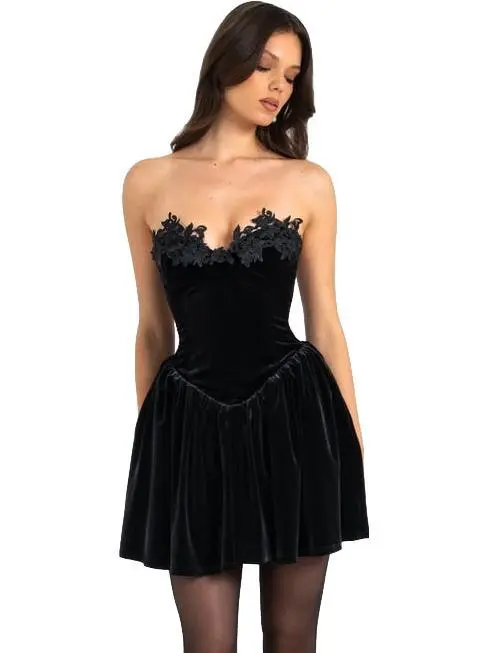 MISS CIRCLE Velvet Corset Mini Dress With Lace Trim - Black