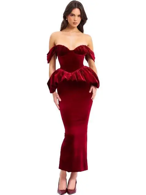 MISS CIRCLE Velvet Off Shoulder Peplum Maxi Dress - Red