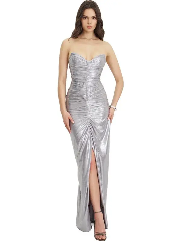 MISS CIRCLE Ruched Glitter Mermaid Gown - Silver