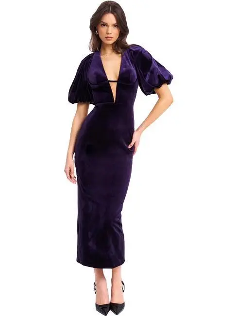 MISS CIRCLE Velvet Bubble Sleeve Backless Maxi Dress - Purple