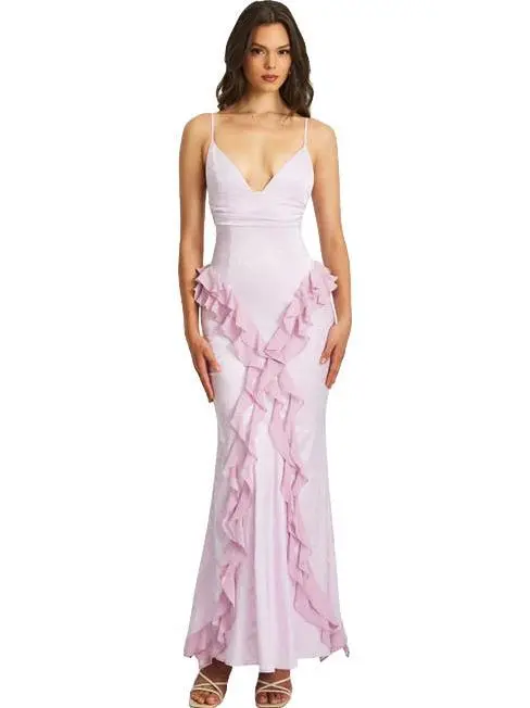 MISS CIRCLE Jacquard Ruffle Mermaid Maxi Dress - Purple