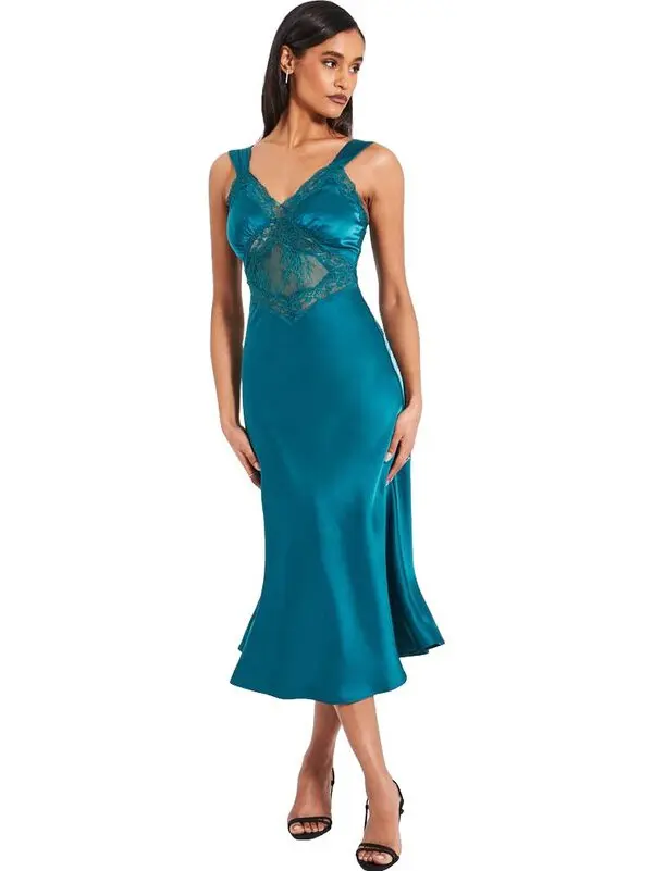 MISS CIRCLE Satin And Lace Midi Slip Dress - Teal