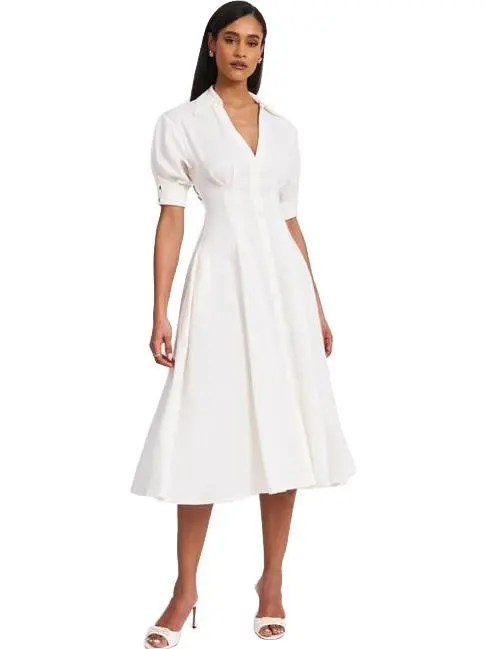 MISS CIRCLE Lyocell Pleated Midi Shirt Dress - White