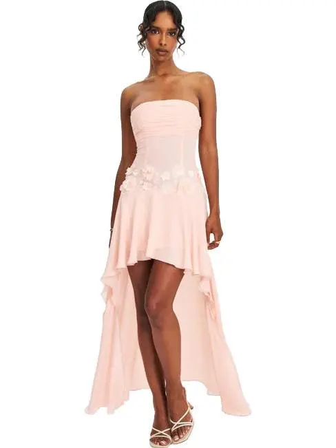 MISS CIRCLE Ruched Breast Appliqué Trim Trailing Dress - Baby Pink Chiffon