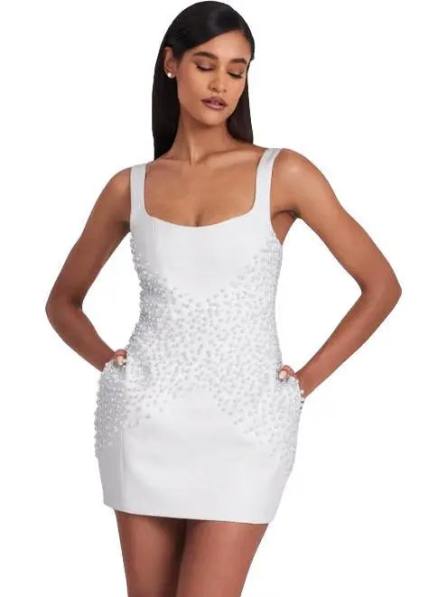 MISS CIRCLE Tais Pearl Beaded Cocoon Mini Dress - White