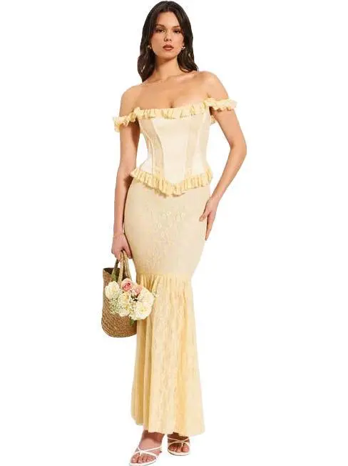 MISS CIRCLE Satin Lace Peplum Corset Off Shoulder Maxi Dress - Pale Yellow
