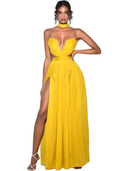 MISS CIRCLE Xella Pleated Chiffon Maxi Dress - Yellow And Ruby Pink