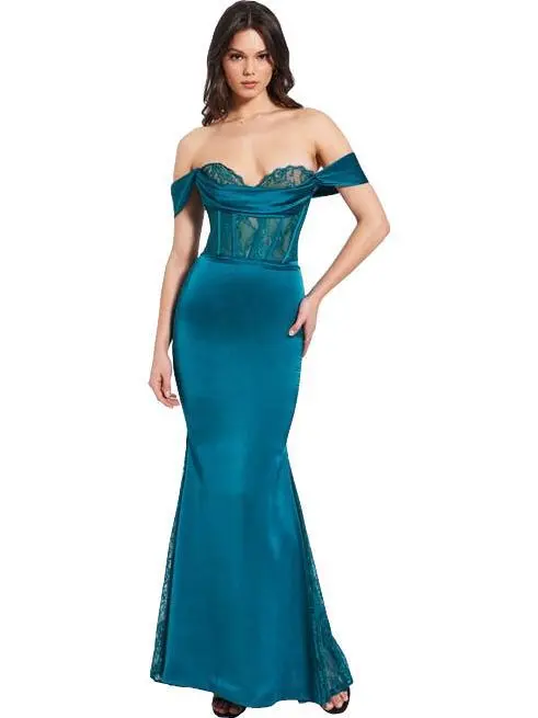 MISS CIRCLE Satin Lace Corset Maxi Dress - Teal