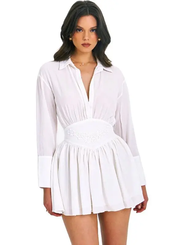 MISS CIRCLE Shirt Mini Dress With Embroidered Waist Detail - White