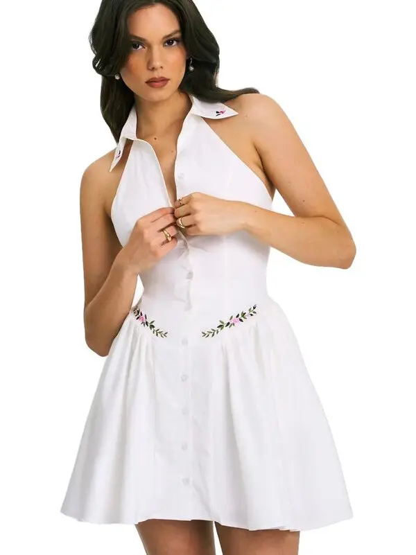 MISS CIRCLE Embroidered Collared Halter Mini Dress - White