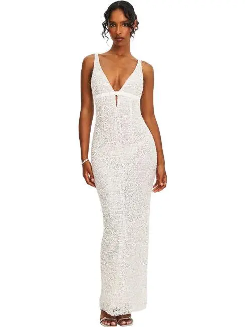 MISS CIRCLE Beaded Sequin Net Bodycon Gown - White