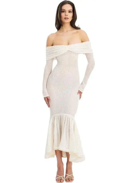 MISS CIRCLE Kaedyn Off-shoulder Crochet Mermaid Maxi Dress - Beige