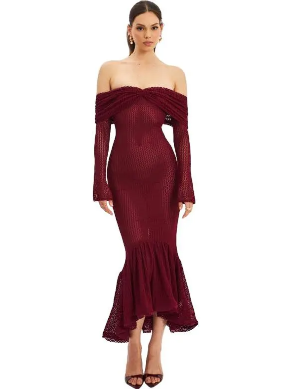 MISS CIRCLE Kaedyn Off-shoulder Crochet Mermaid Maxi Dress - Burgundy
