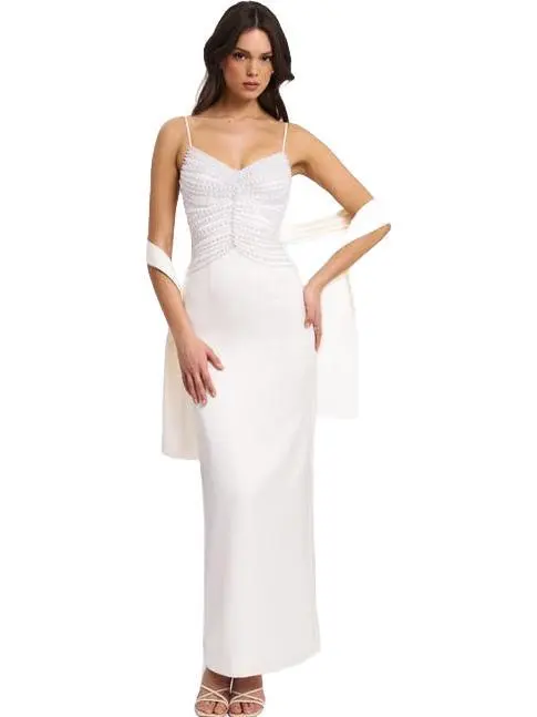 MISS CIRCLE Satin Slip Gown With Pearl Chain Detail And Scarf - Off White