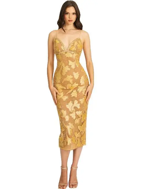 MISS CIRCLE Edie Beaded Sequin Pencil Midi Dress - Golden Bronze