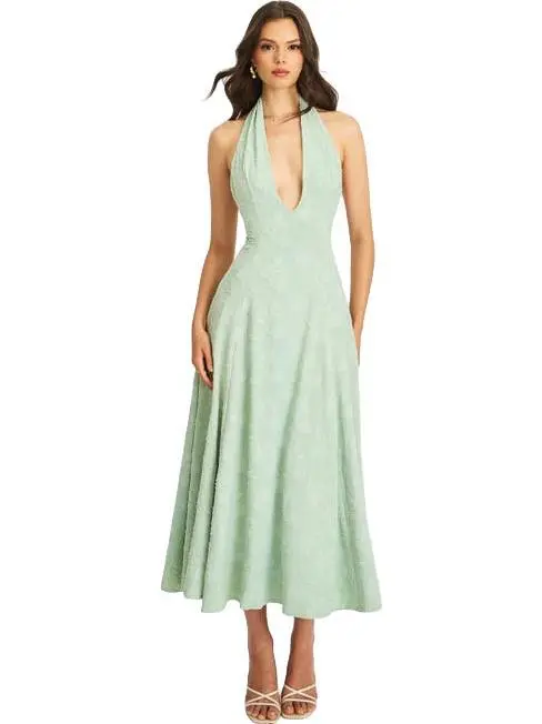 MISS CIRCLE Magda Deep V Neck Halter A-line Midi Dress - Mint Green
