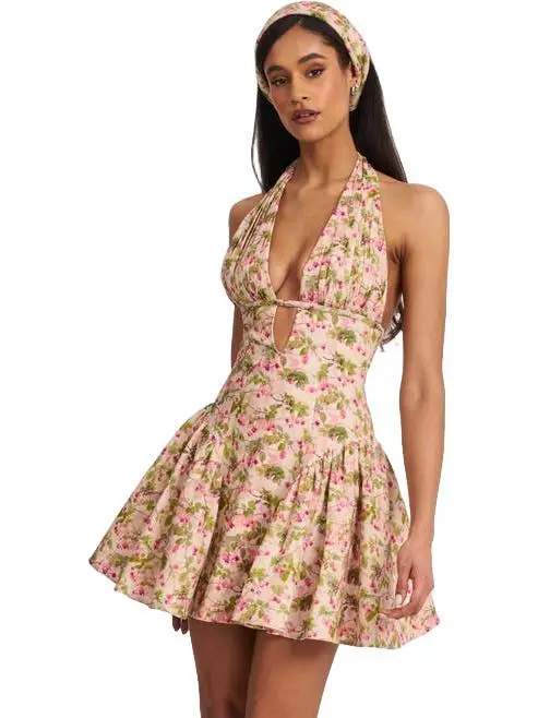 MISS CIRCLE Floral Print Halter Linen Mini Dress - Pink And Green Floral Print